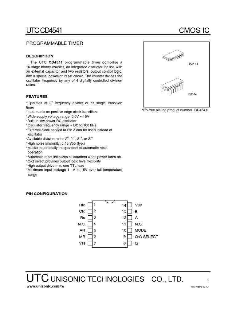 CD4541 Programmable Timer | PDF | Electronic Oscillator | Cmos