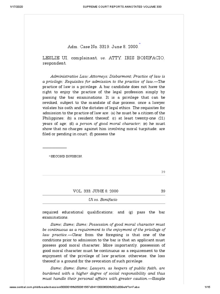 Adm. Case No. 3319. June 8, 2000. Leslie Ui, Complainant, vs. Atty ...