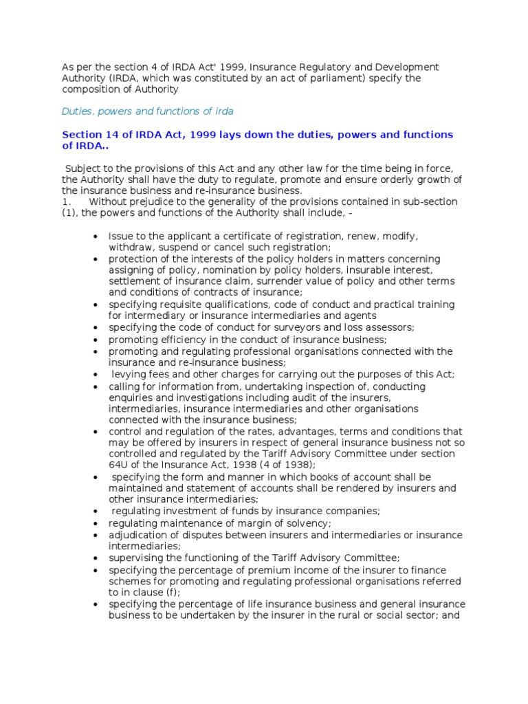 Role and Functions of IRDA | PDF | Insurance | Financial Services
