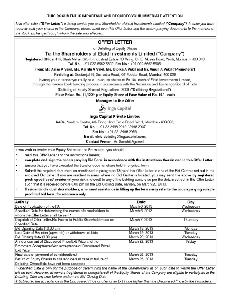 Elcid Investments Delisting Offer Letter | PDF | Stocks | Equity (Finance)