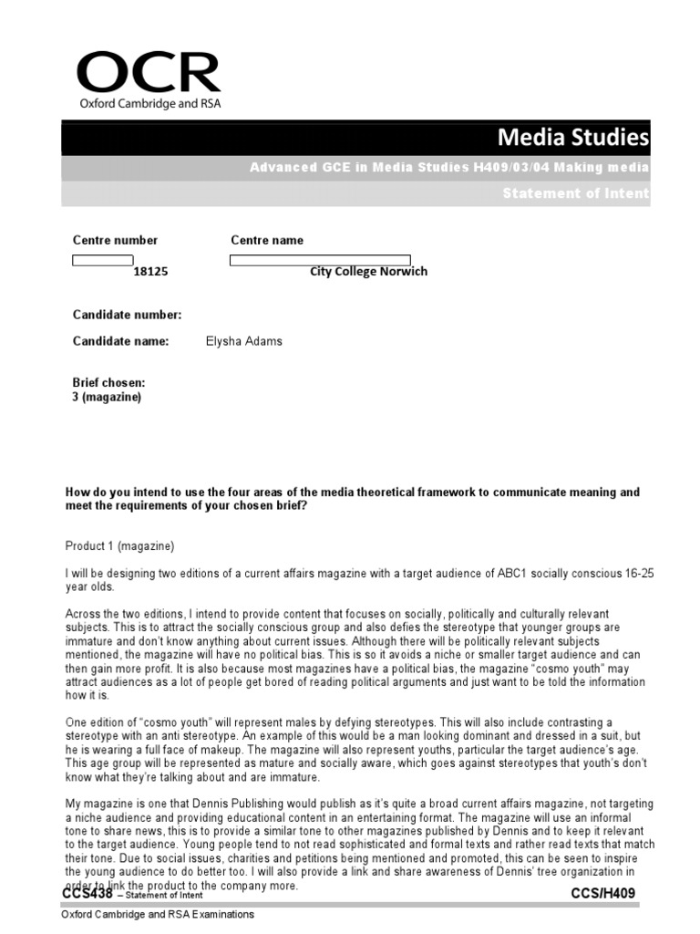 A Level Media Studies Statement of Intent Form Ocr | PDF | Mass Media ...