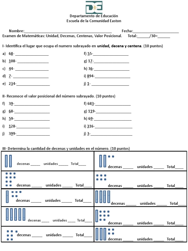 Examen de Matemáticas sobre el Valor Posicional, Unidades, Decenas y ...