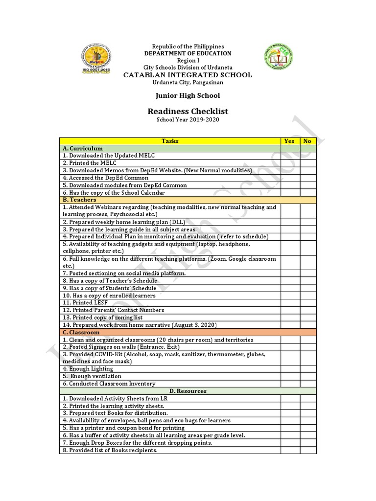Readiness Checklist: Catablan Integrated School Junior High School ...