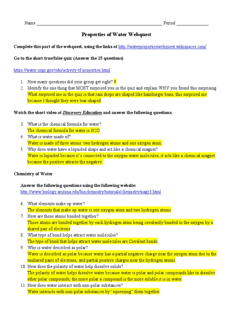 Properties of Water - Webquest | PDF | Chemical Bond | Surface Tension