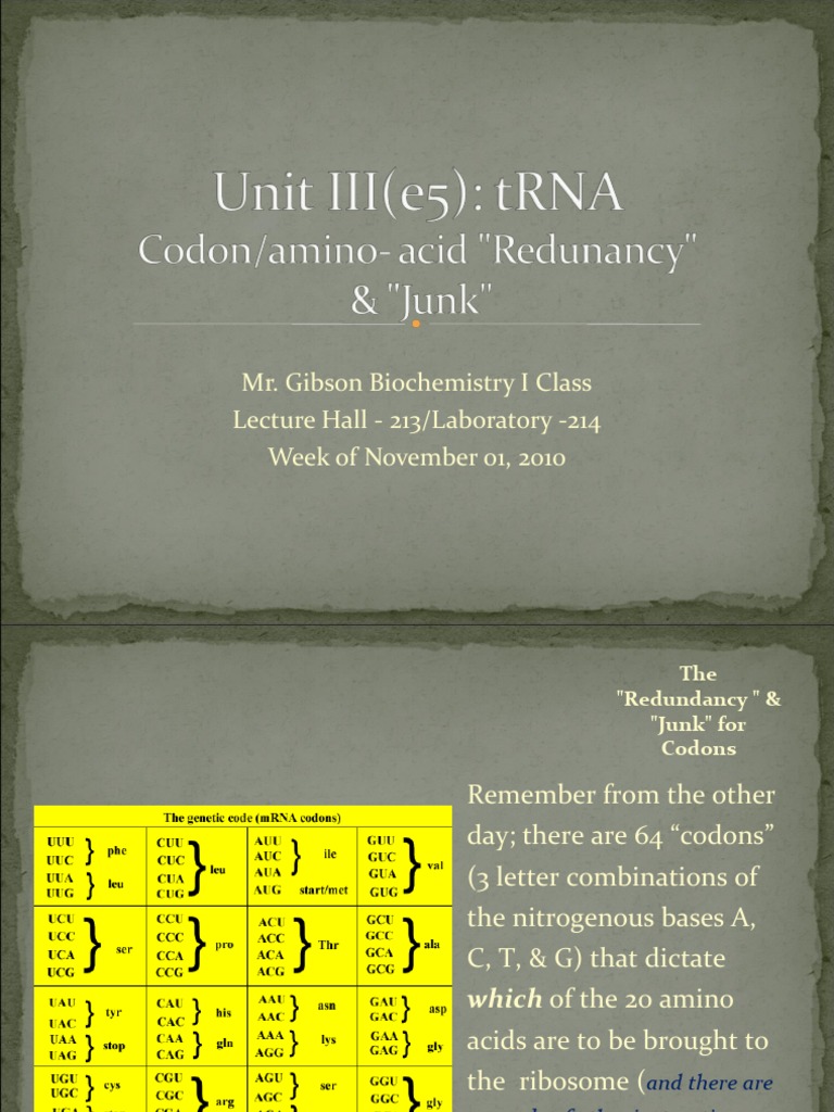 Unit III (E5) tRNA Codon Redunancy E5 | PDF | Alanine | Genetic Code