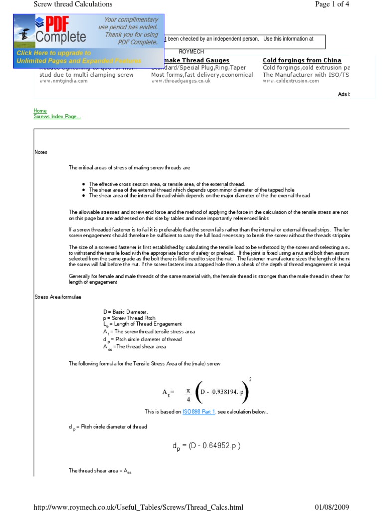 Screw thread stress area and shear area calculations | PDF | Screw ...