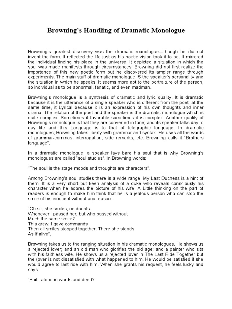 Browning's Masterful Handling of the Dramatic Monologue Form: An In ...