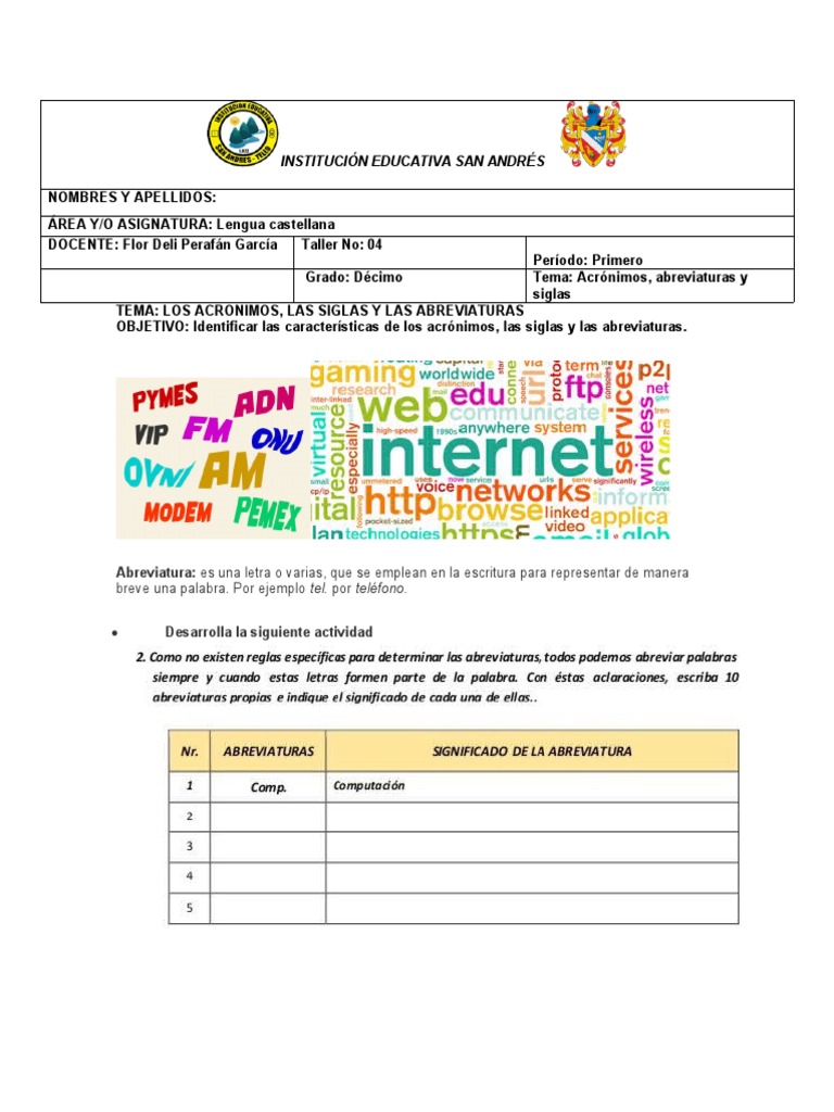 Acrónimos y Abreviaturas: Taller 10° Grado | PDF | Acrónimo | Lingüística