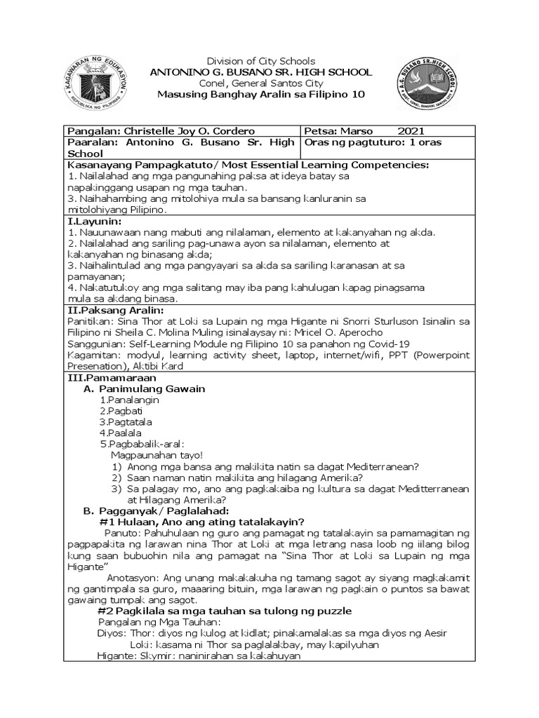 1st Demo Lesson Plan Sa Fil. 10 SY2020-2021 Final 1 | PDF