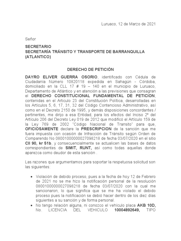 Modelo Prescripcion Multas de Transito | PDF | Petición | Justicia