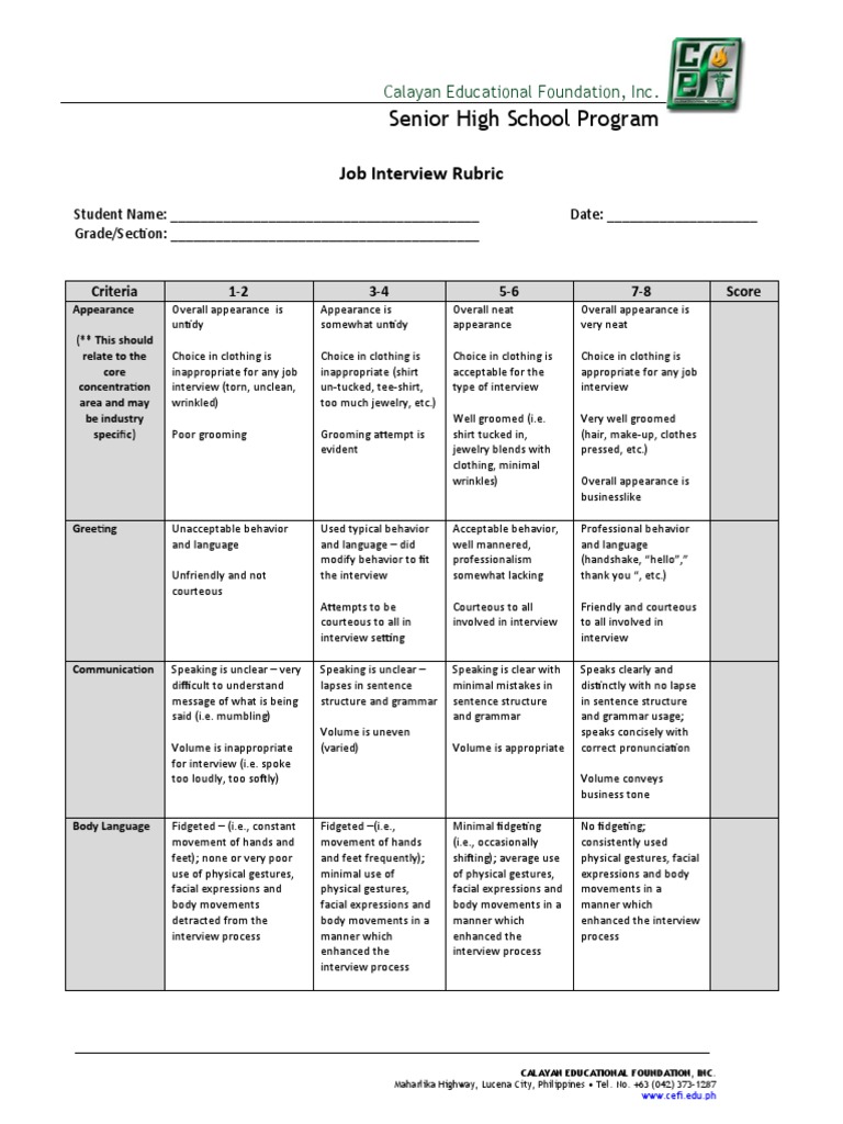 Senior High School Program: Job Interview Rubric | PDF | Body Language ...