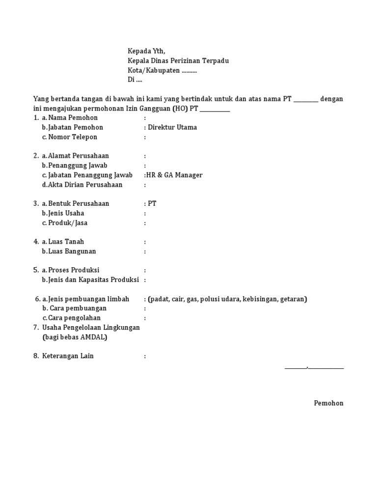 Form Permohonan Izin Gangguan (HO) | PDF