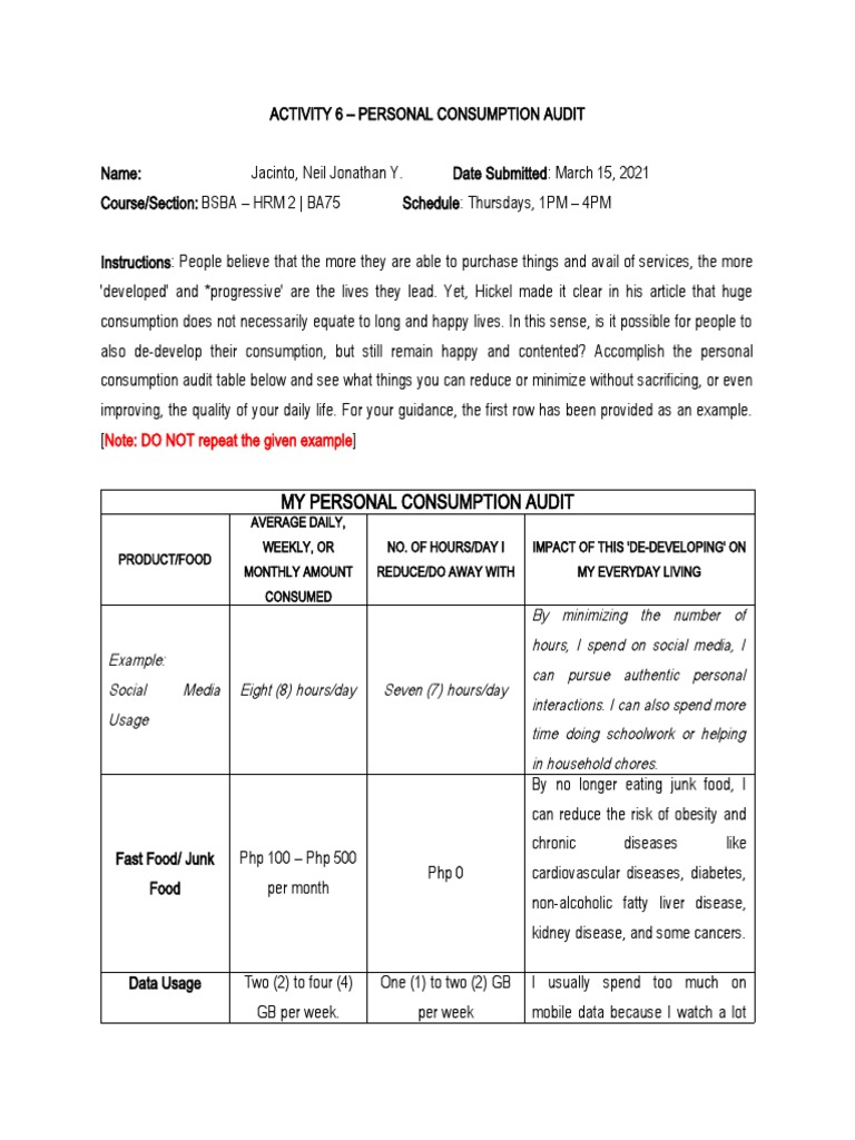 Personal Consumption Audit | PDF | Foods | Food And Drink