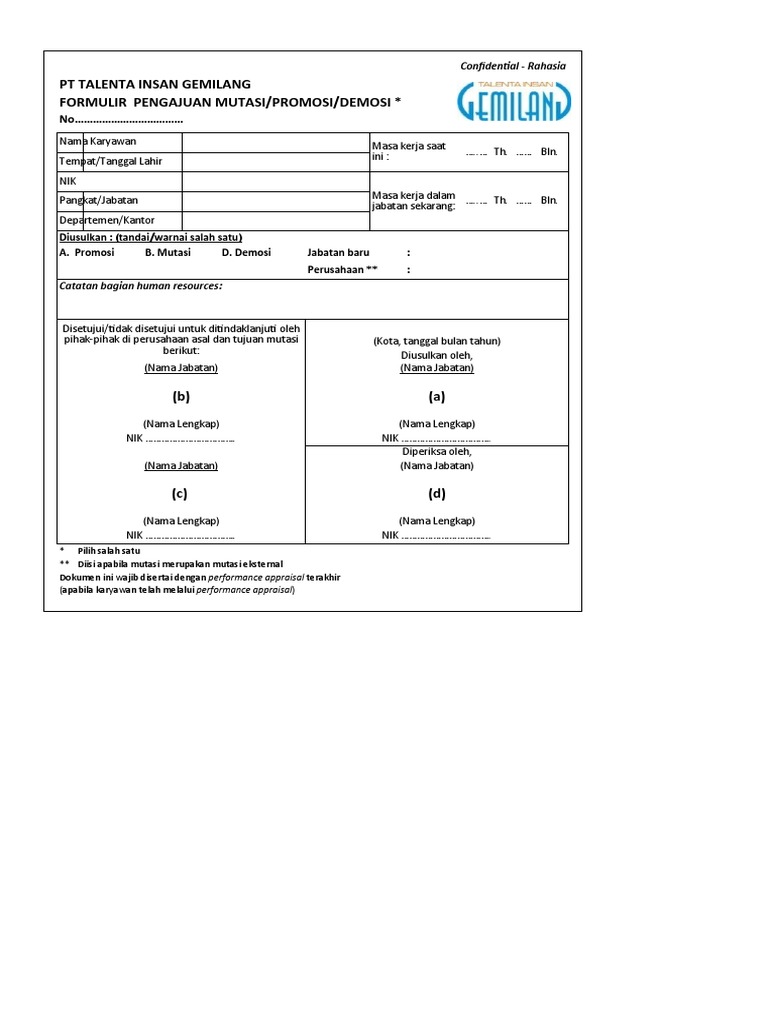 Form Pengajuan Promosi Demosi Mutasi TIG | PDF