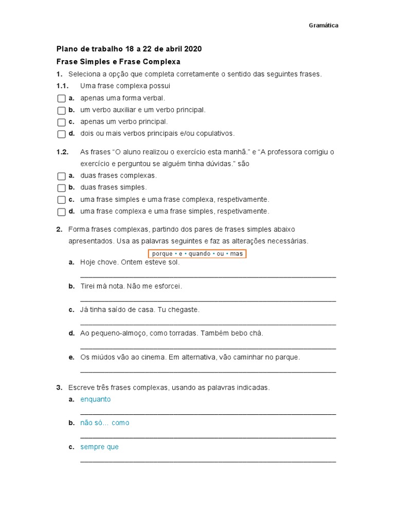 Ficha Frase Simples e Complexa | PDF | Métodos e Materiais de Ensino ...