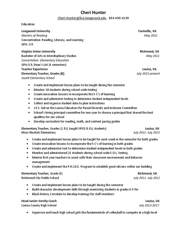 Cheri Hunter Resume | PDF | Lesson Plan | Mentorship
