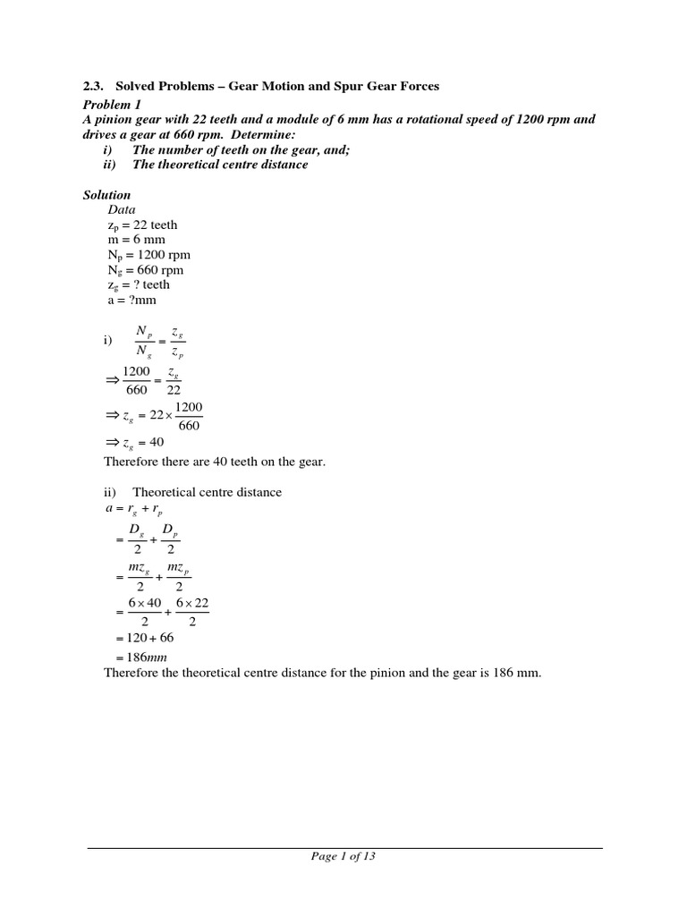 Spur Gear Force Analysis and Calculations | PDF