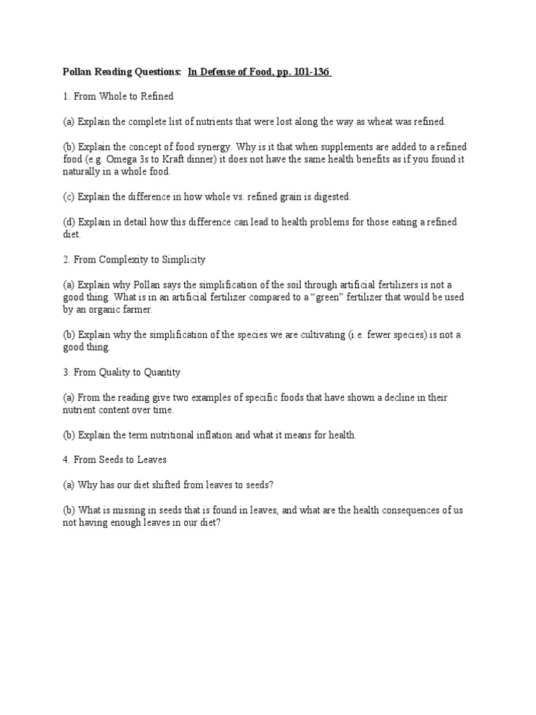Pollan Reading Questions Pages 101-136 | PDF