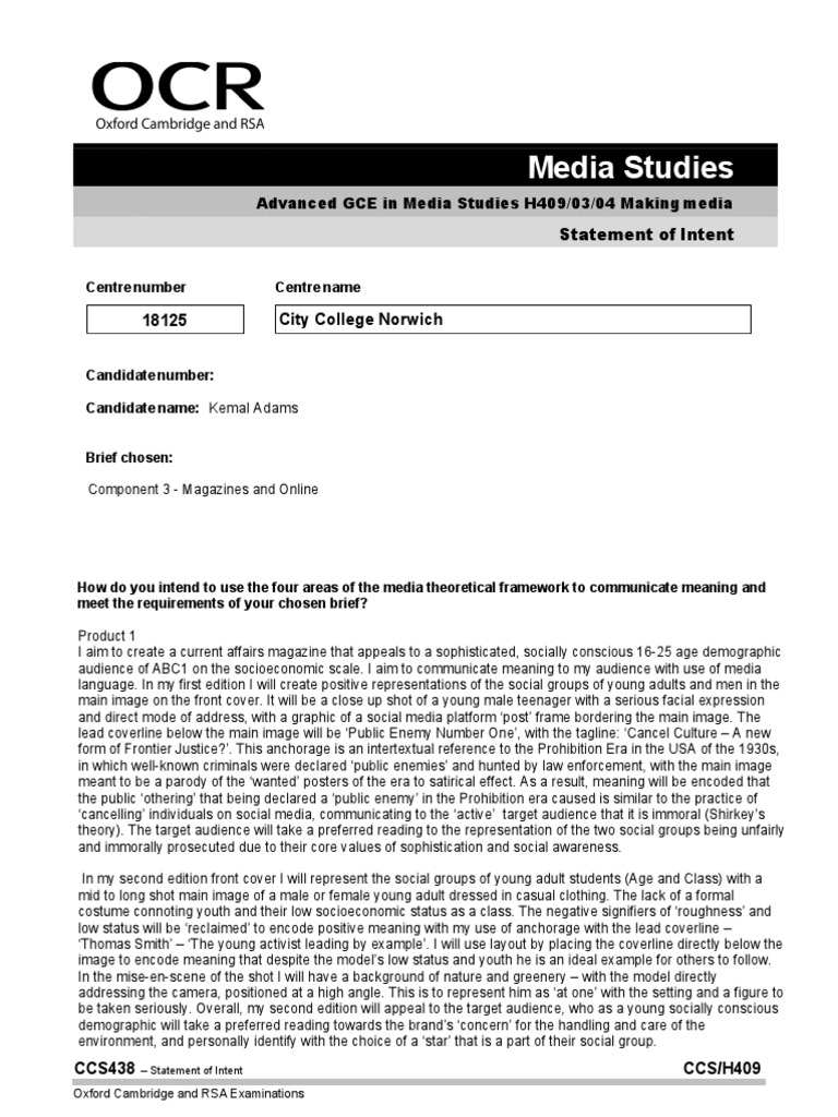A Level Media Studies STATEMENT of INTENT Form OCR Kemal Adams | PDF ...