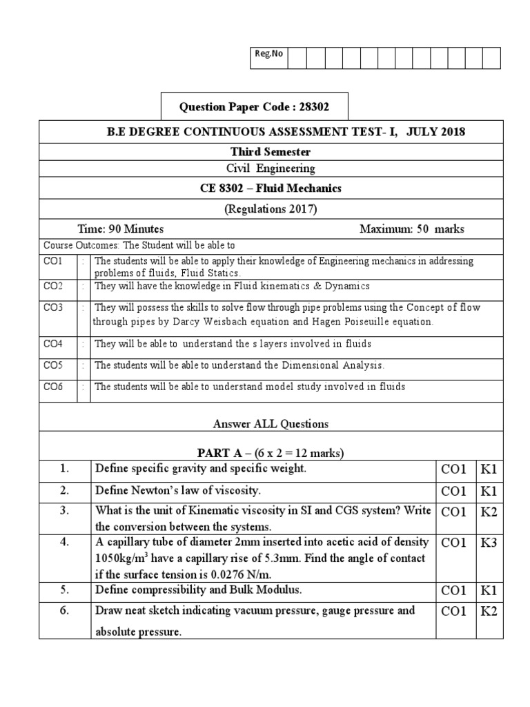 Fluid Mechanics Assessment Test | PDF | Pressure Measurement | Pressure