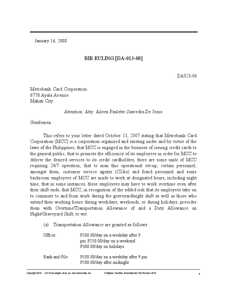 Bir Ruling (Da 013 08) | PDF | Withholding Tax | Employee Benefits