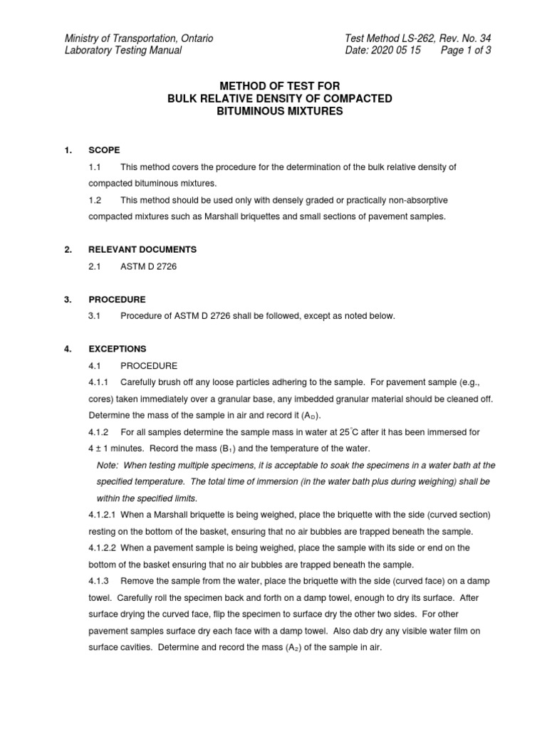 Method of Test For Bulk Relative Density of Compacted Bituminous ...