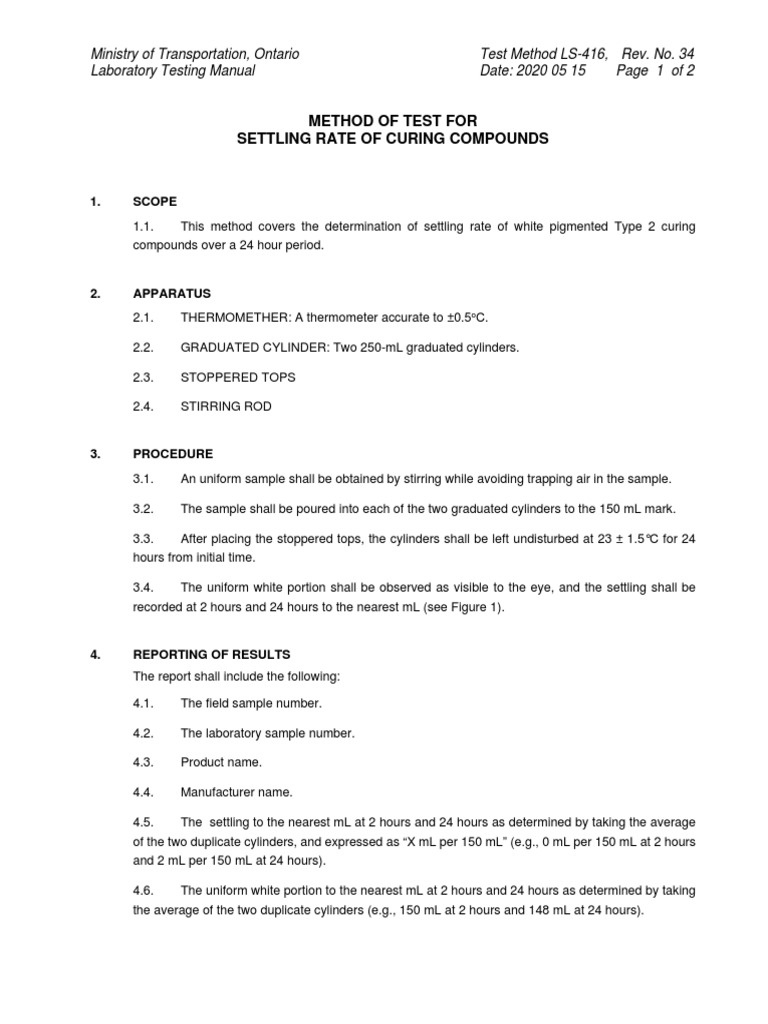 Method of Test For Settling Rate of Curing Compounds | PDF