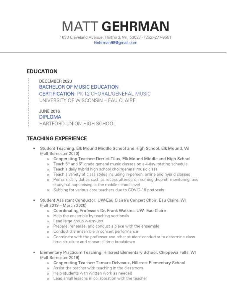 Matt Gehrman Resume | PDF | Choir | Middle Schools
