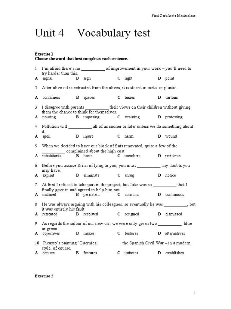 Unit 4 Vocabulary Test: First Certificate Masterclass | PDF