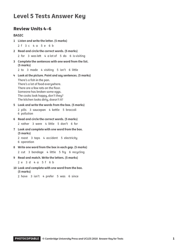 Level 5 Tests Answer Key: Review Units 4-6 | PDF | Cooking, Food & Wine ...