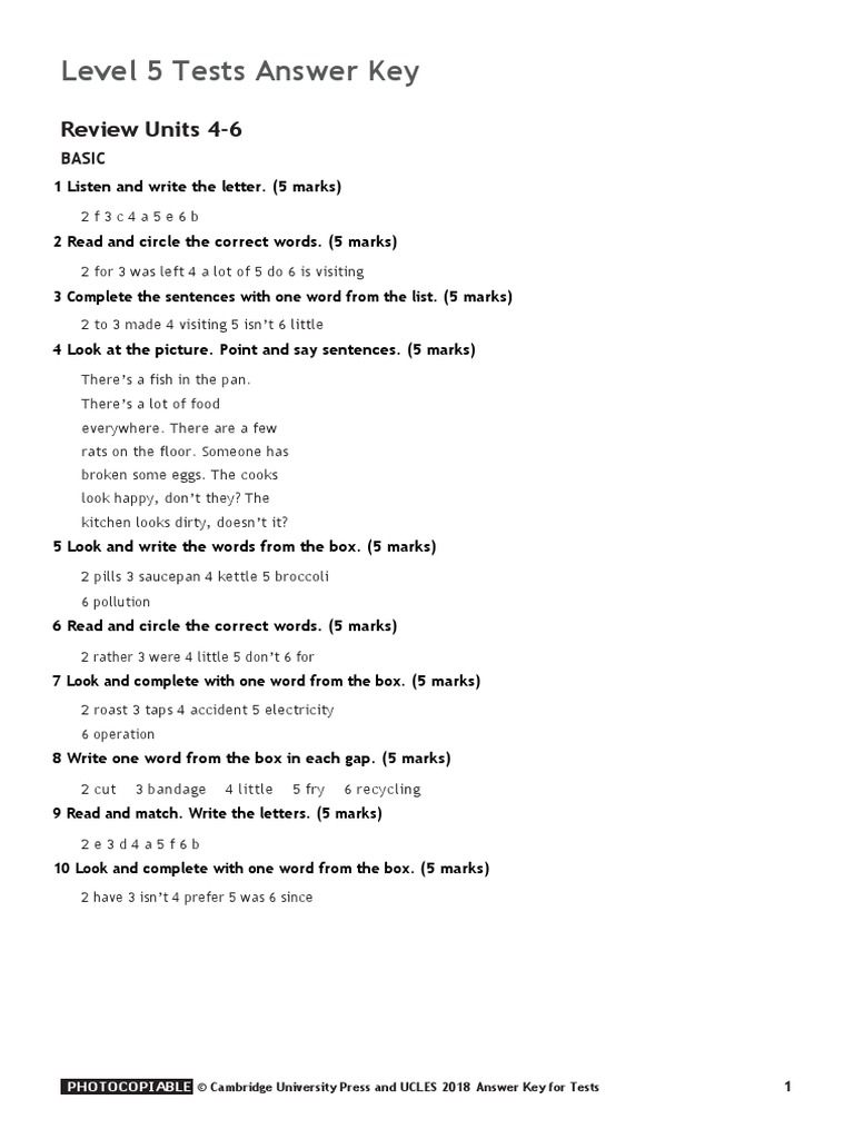 Level 5 Tests Answer Key: Review Units 4-6 | PDF | Cooking, Food & Wine