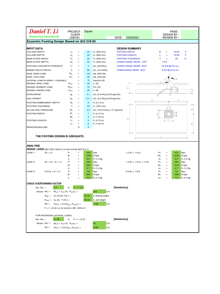 Daniel T. Li: Eccentric Footing Design Based On ACI 318-02 | PDF