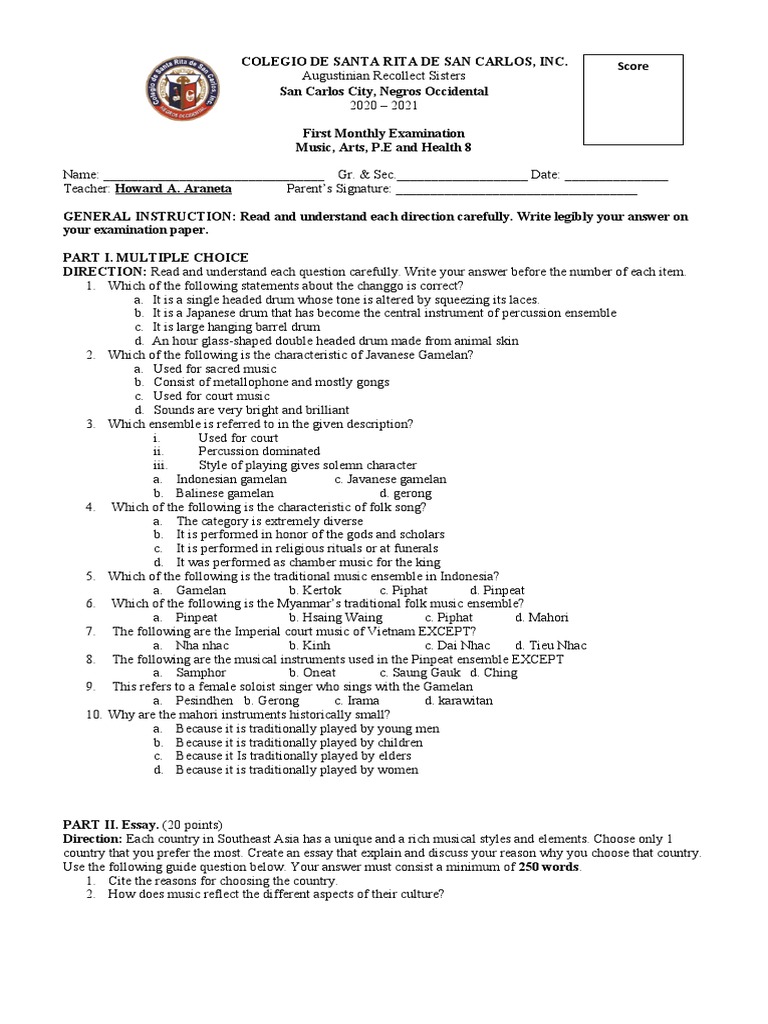 GRADE 8 MAPEH 1st Monthly Examination | PDF | Entertainment (General)