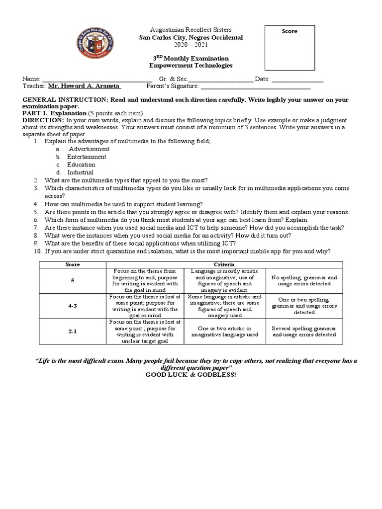 Grade 11 EMPOWERMENT TECHNOLOGY | PDF | Multimedia | Test (Assessment)