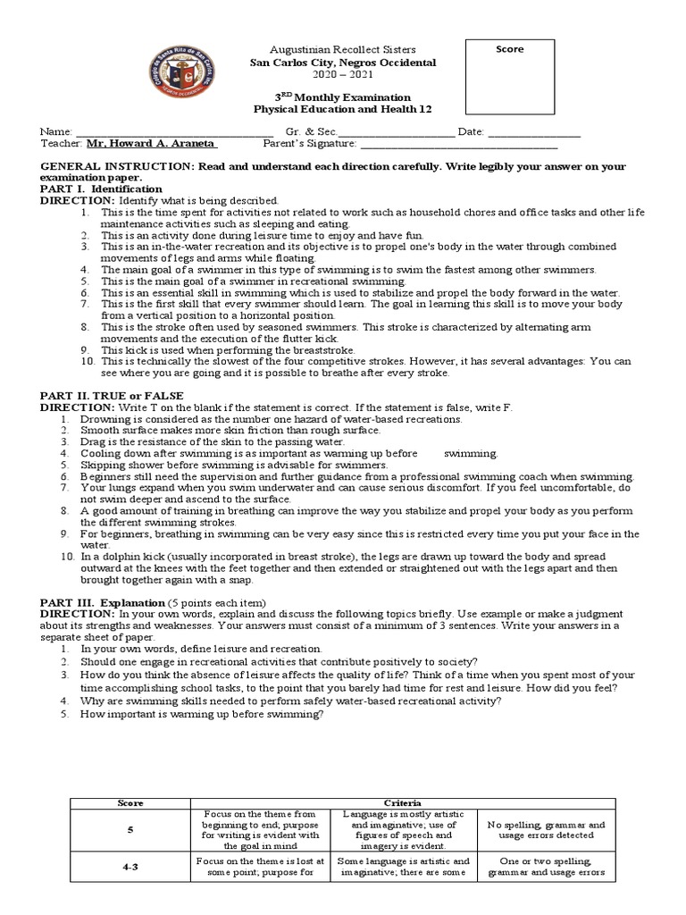 Grade 12 PE | PDF | Swimming | Leisure (General)