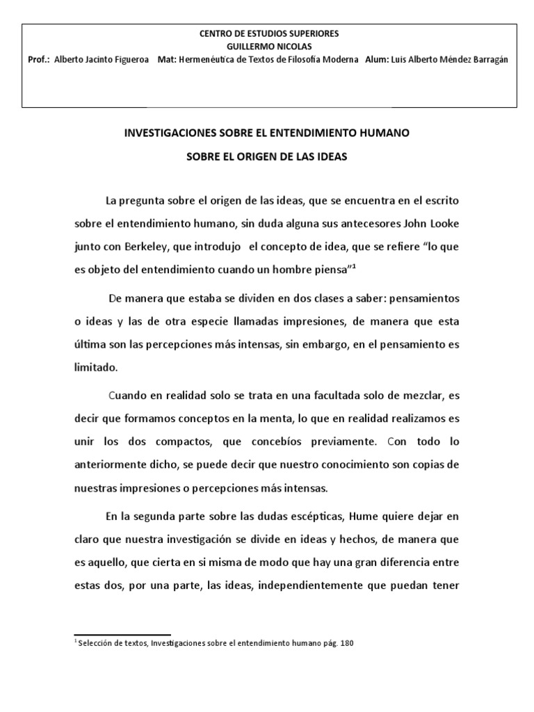 Investigaciones Sobre El Entendimiento Humano | PDF