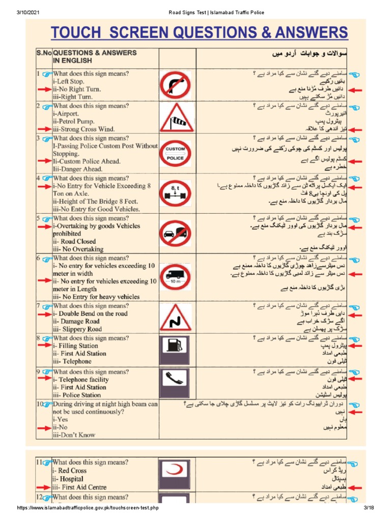 Islamabad Traffic Signs Test Guide | PDF