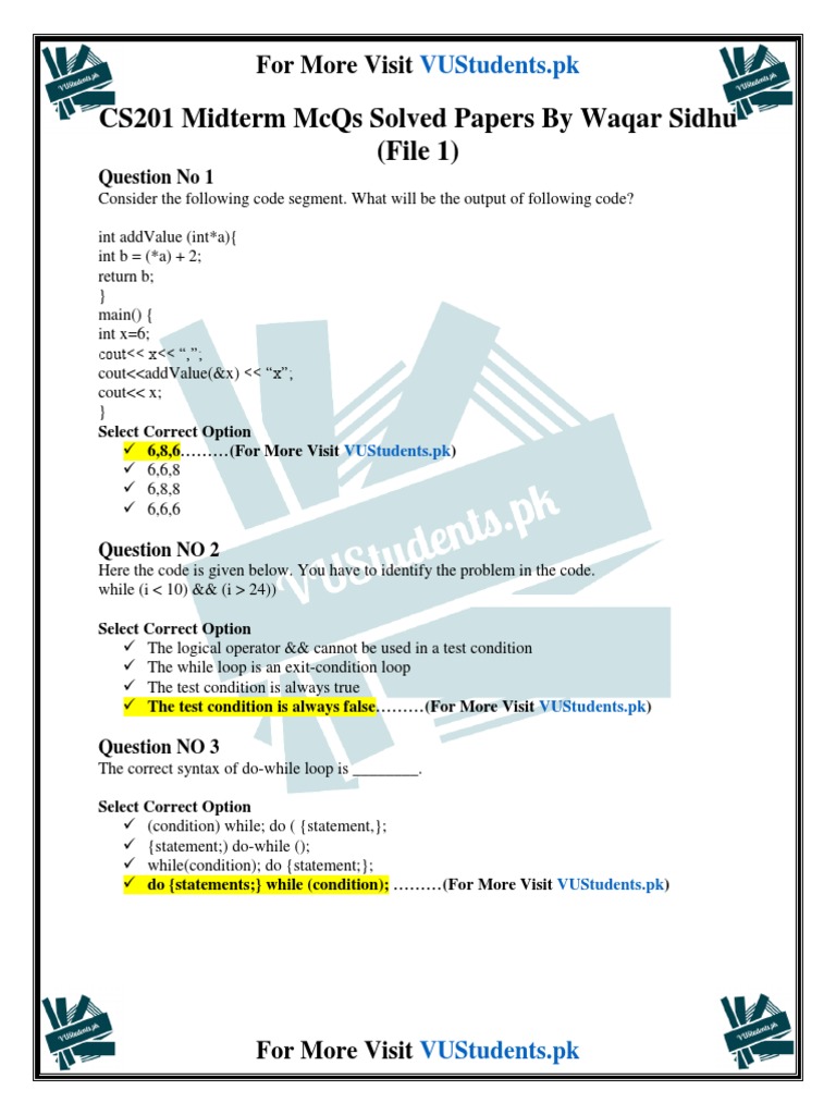 Cs201 Midterm Solved Mcqs Papers By Waqar Sidhu Pdf Pointer Computer Programming Data Type