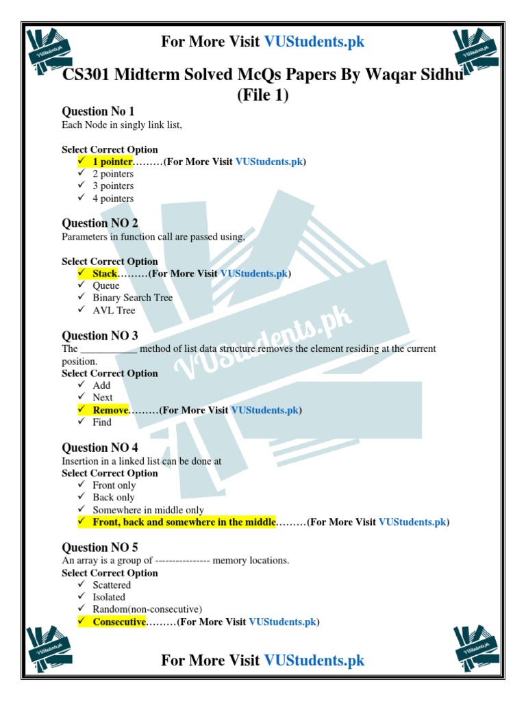 CS301 Midterm Solved McQs Papers by Waqar Sidhu | PDF | Subroutine | Pointer (Computer Programming)