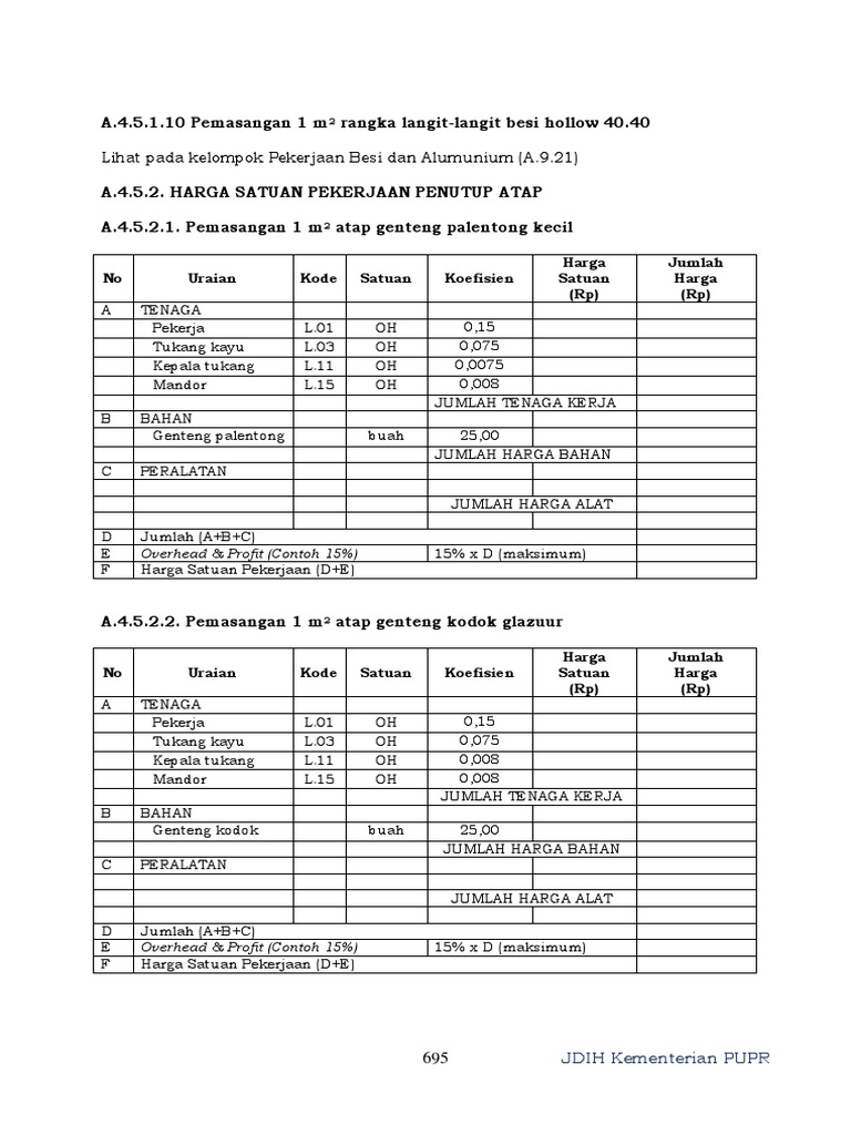 AHSP PU2016 - 4.5.2 Pekerjaan Penutup Atap | PDF