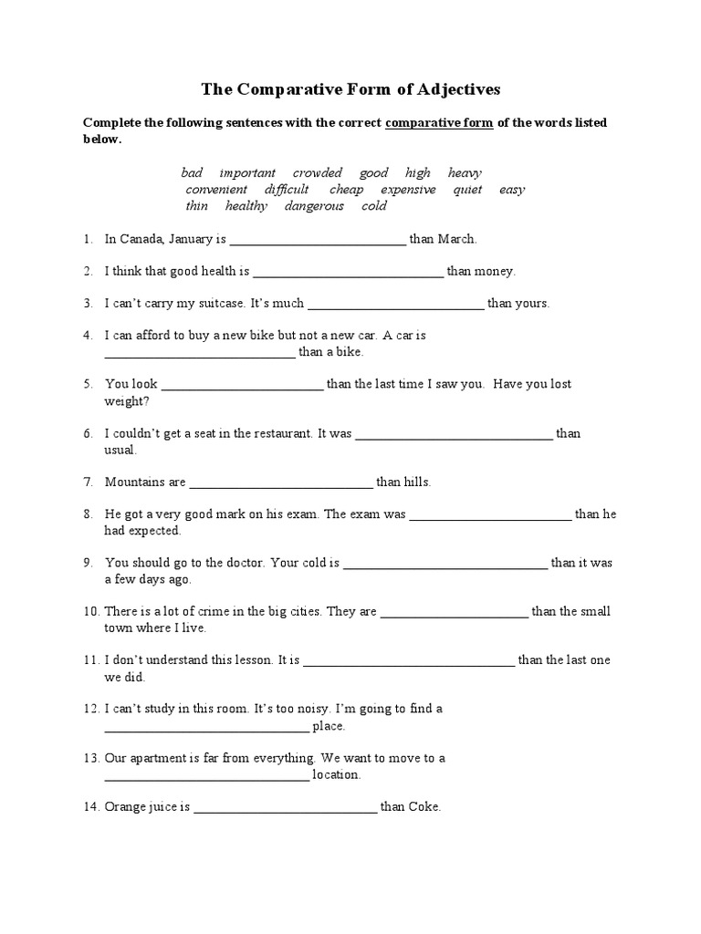 Comparative Adjectives Practice Exercises | PDF