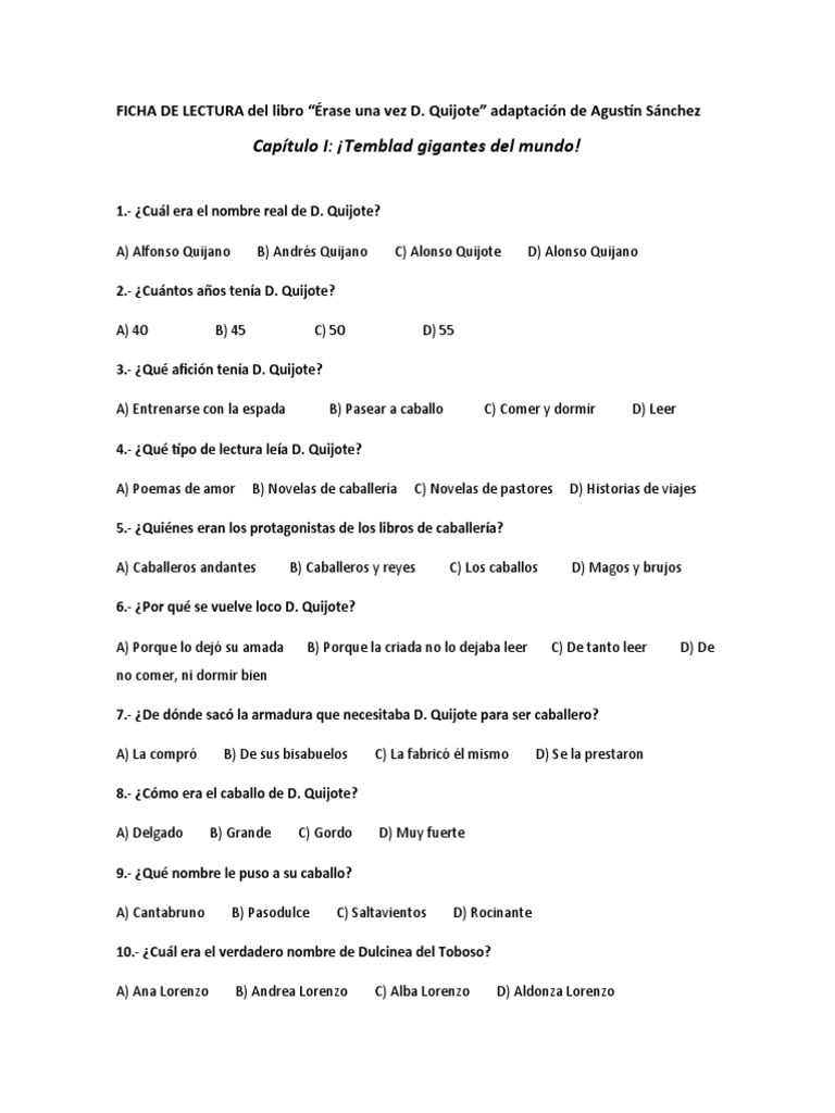 Comprensión Lectora Don Quijote de La Mancha | PDF | Don Quijote | Don ...