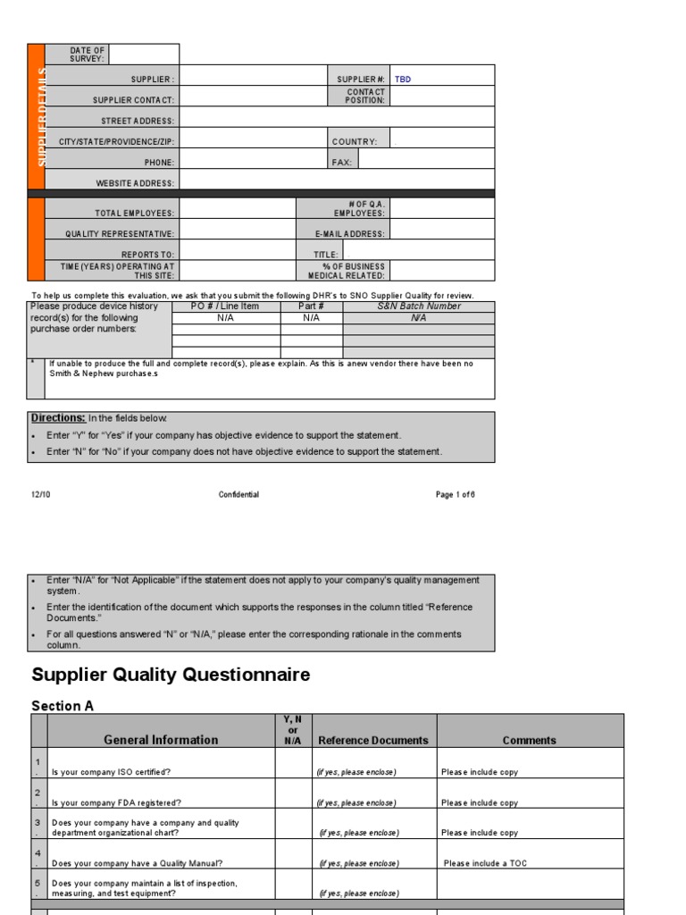 Supplier Quality Questionnaire Overview | PDF | Specification ...