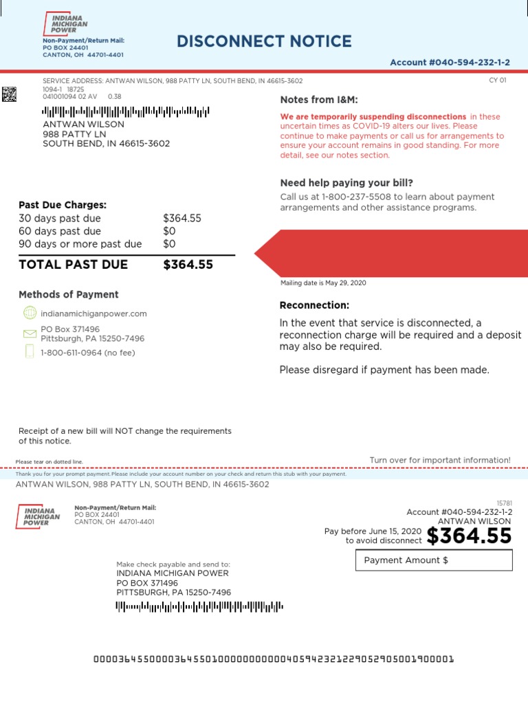 Disconnect Notice: Total Past Due $364.55 | PDF | Cheque | Debit Card