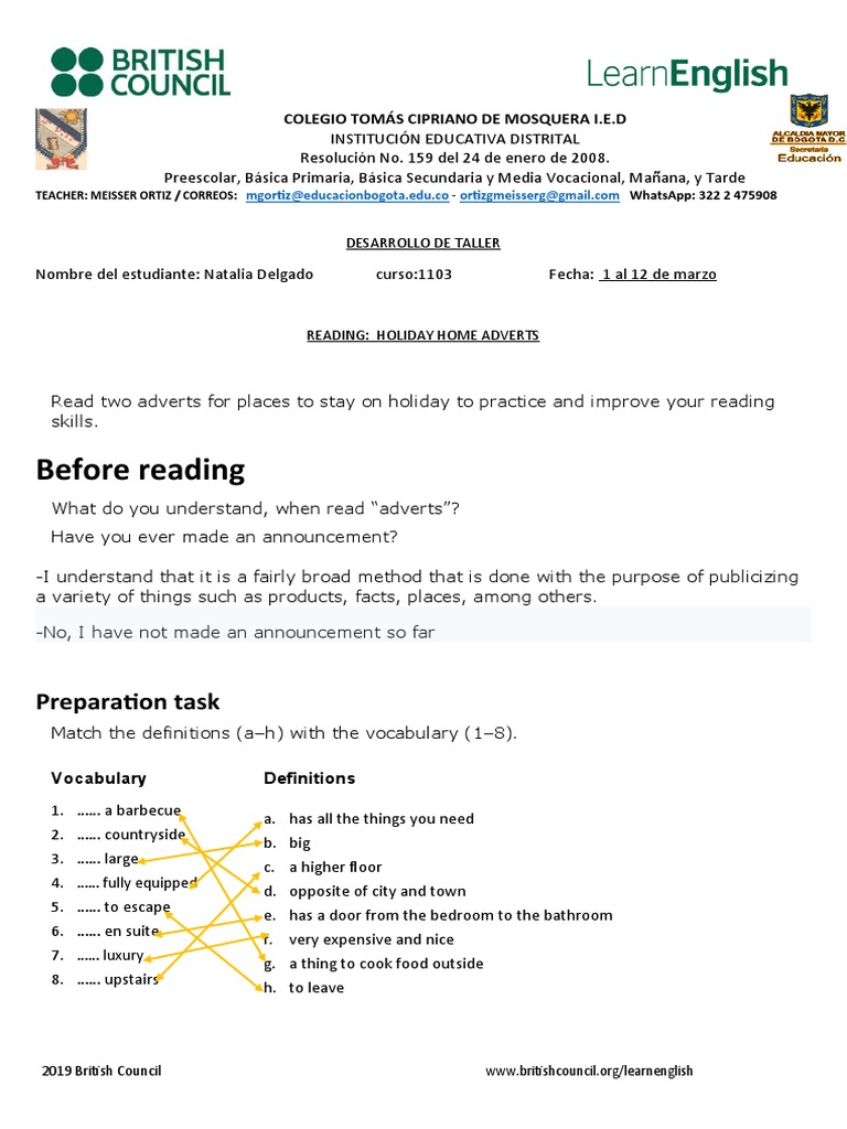 Colegio Tomás Cipriano de Mosquera IED Reading Holiday Home Adverts | PDF