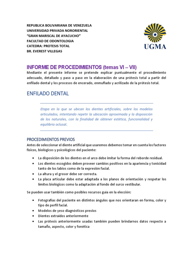 Procedimiento de Enfilado, Encerado, Enmuflado y Acrilizado. | PDF | Dentadura postiza | Diente