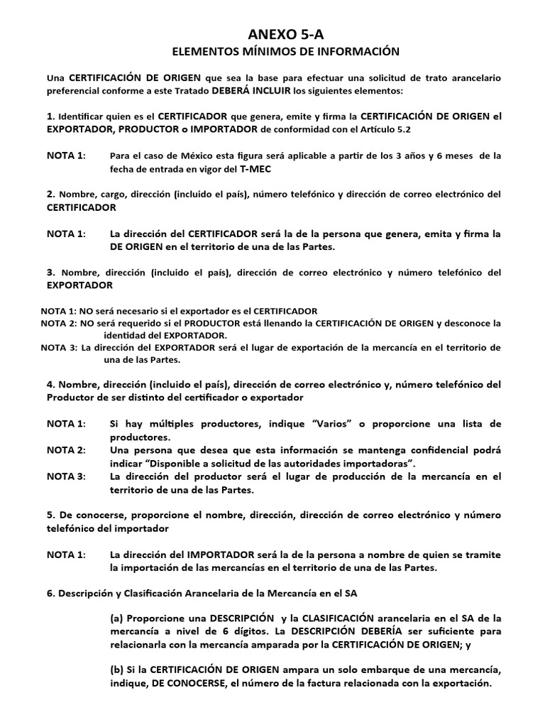 Anexo 5A Certificación de Origen TMEC Ejemplo Con Observaciones y Notas ...