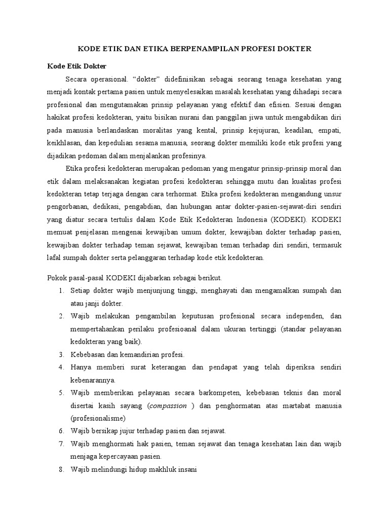 Kode Etik Dan Etika Berpenampilan Profesi Dokter | PDF