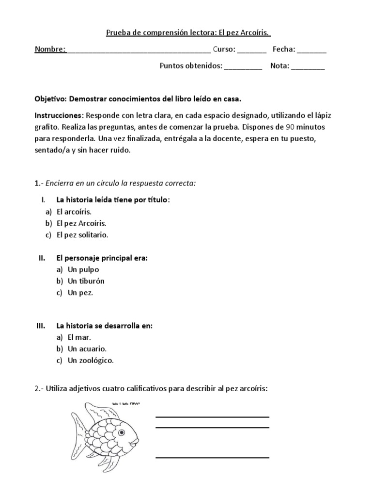 Prueba de Comprensión Lectora Pez Arcoiris | PDF