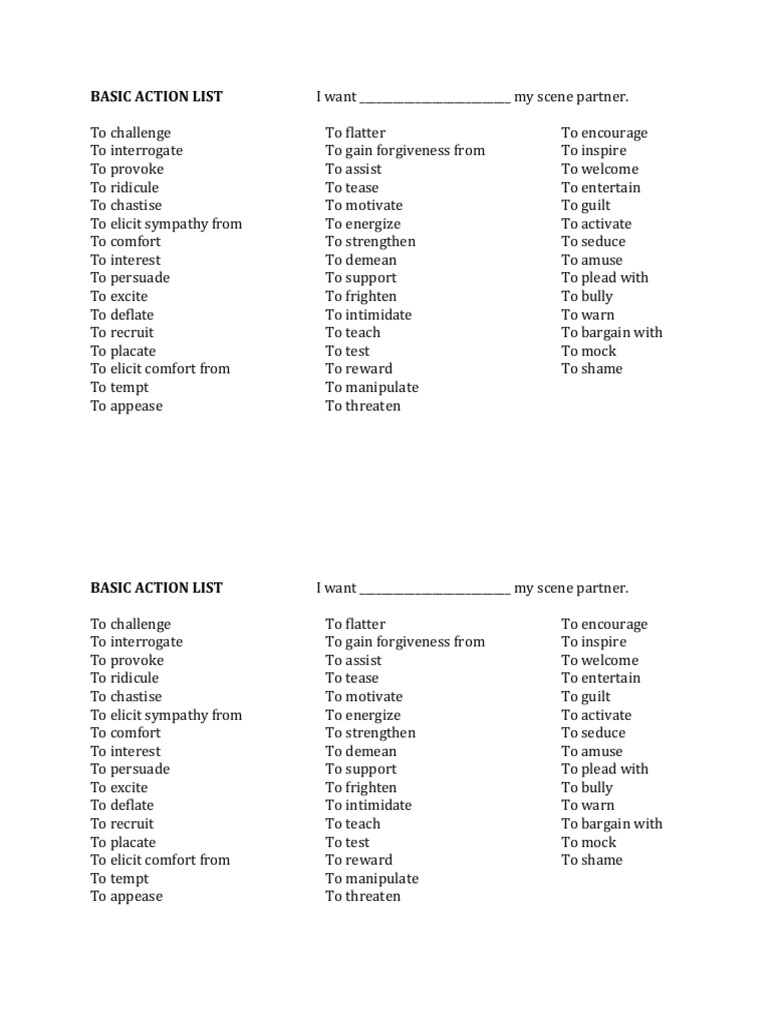 Basic Acting Actions List | PDF | Human Nature | Psychological Concepts